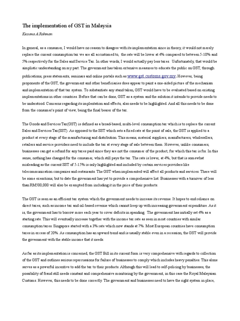 Implementation of GST in Malaysia | PDF | Value Added Tax | Taxes