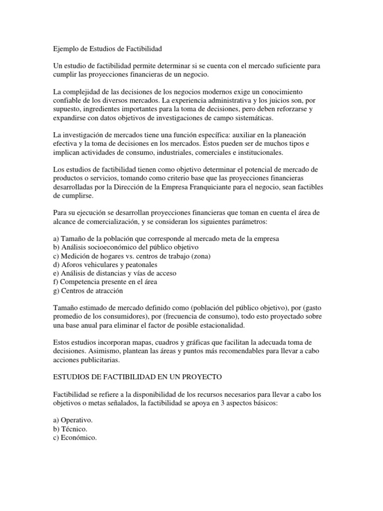Ejemplo de Estudios de Factibilidad | PDF | Planificación | Mercado (economía)