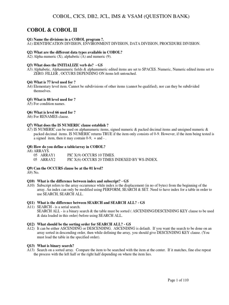 Cobol And Cobol Ii Cobol Cics Db2 Jcl Ims And Vsam Question Bank Pdf String Computer
