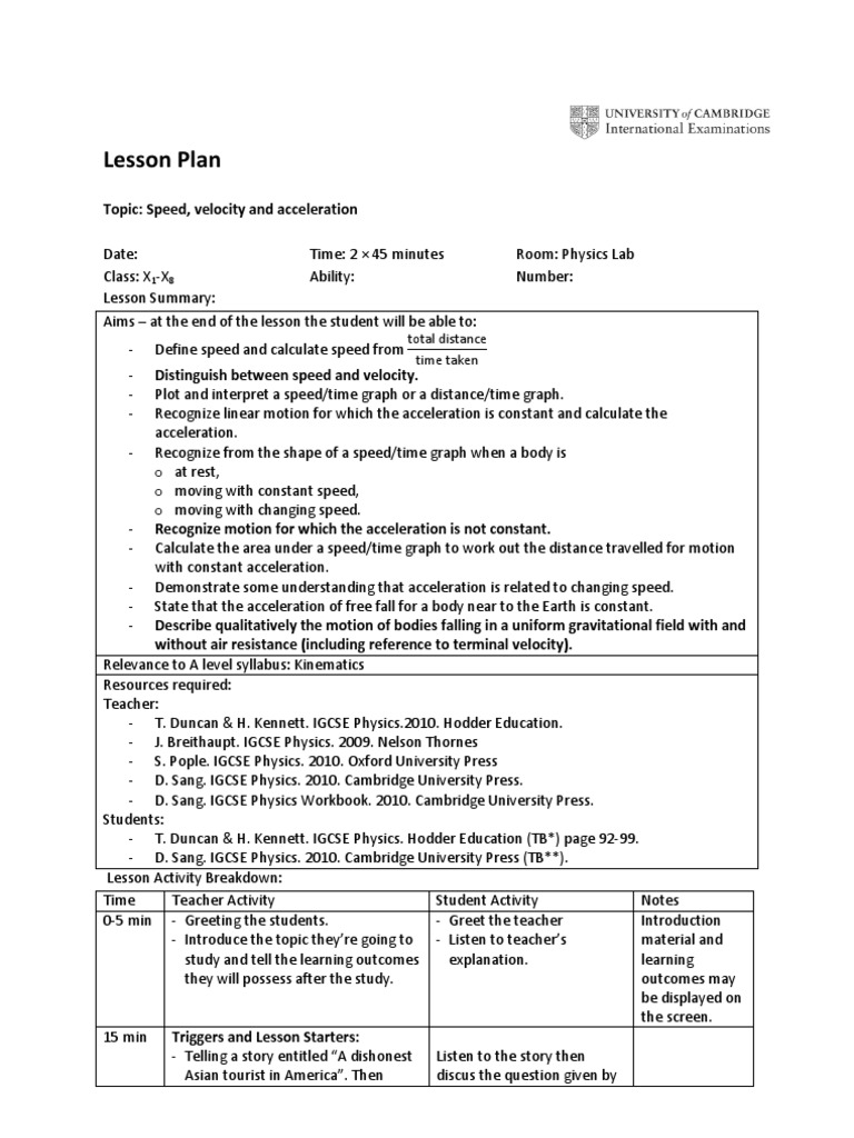 IGCSE Physics Lesson Plan | PDF | Acceleration | Speed