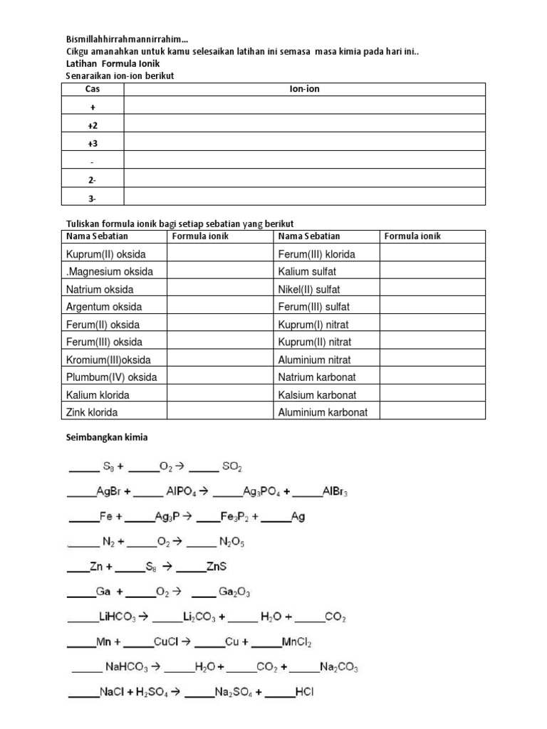 Latihan Formula Ion + Persamaan Kimia | PDF | Sains & Matematika