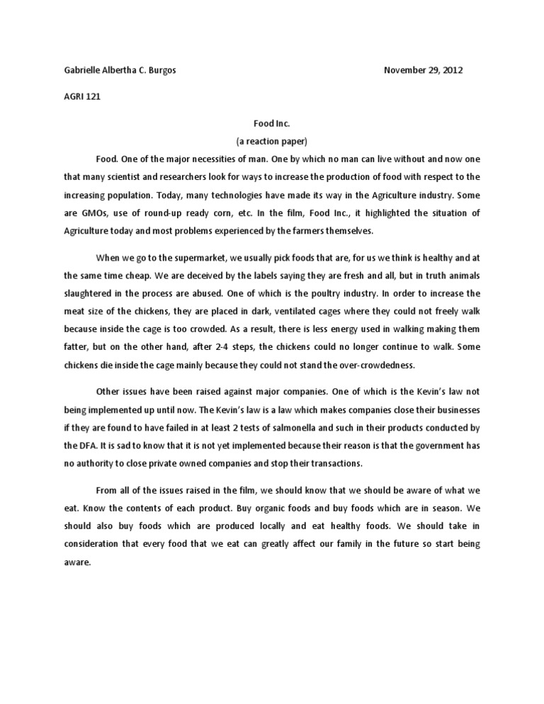 Reaction Paper On Food Inc PDF Poultry Farming Foods
