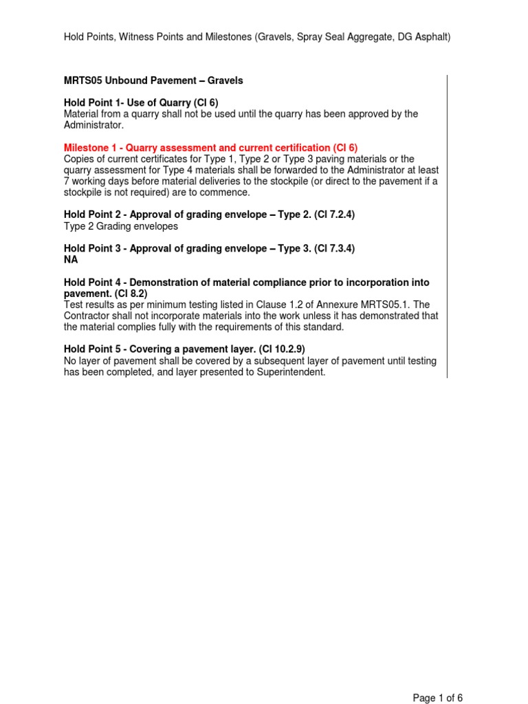 Hold Points, Witness Points and Milestones | Download Free PDF | Road ...