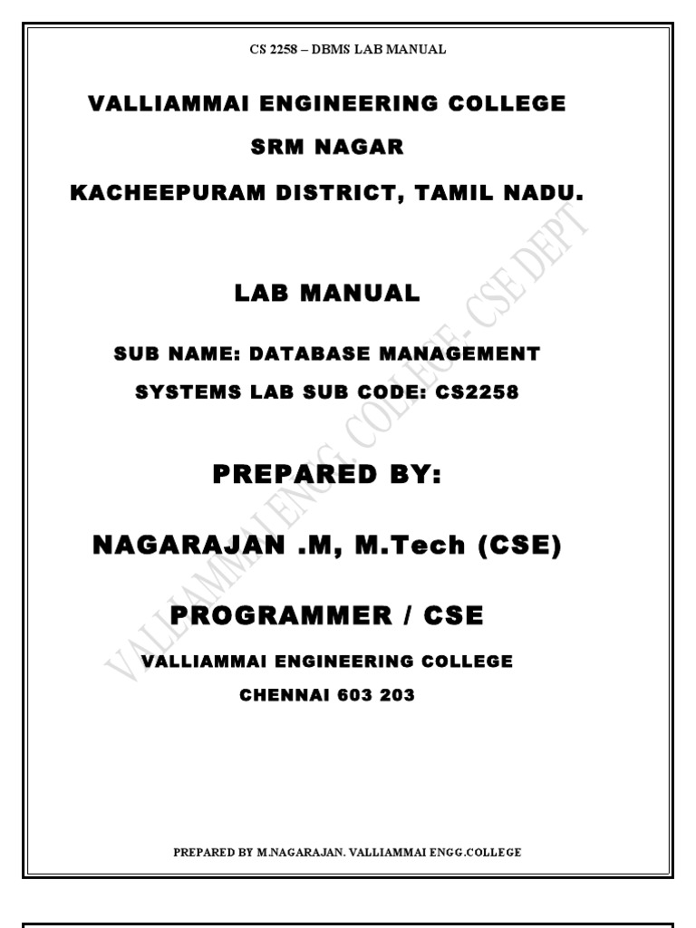 Cs2258 Dbms Lab Manual PDF | PDF | Pl/Sql | Sql