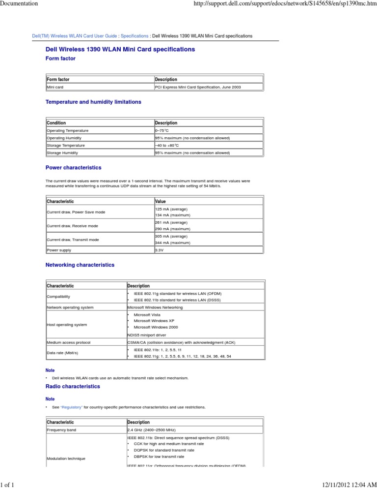 Dell Wireless 1390 Mini Card Specs | PDF | Ieee 802.11 | Wireless Lan