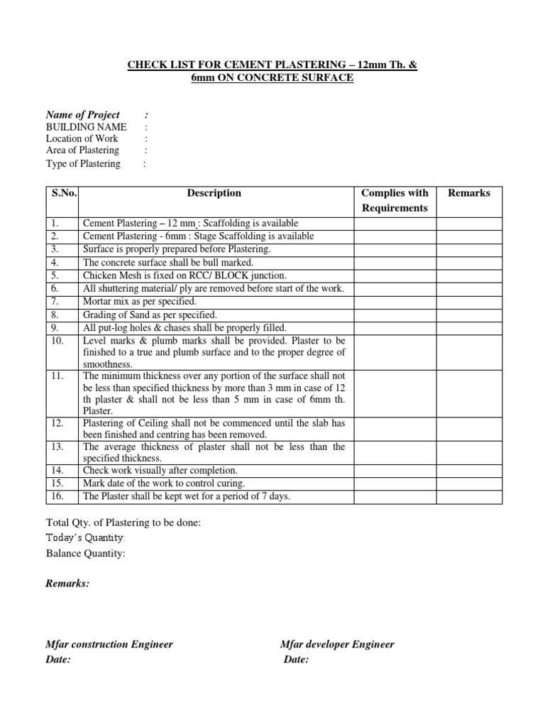CEMENT PLASTERING CHECKLIST | PDF