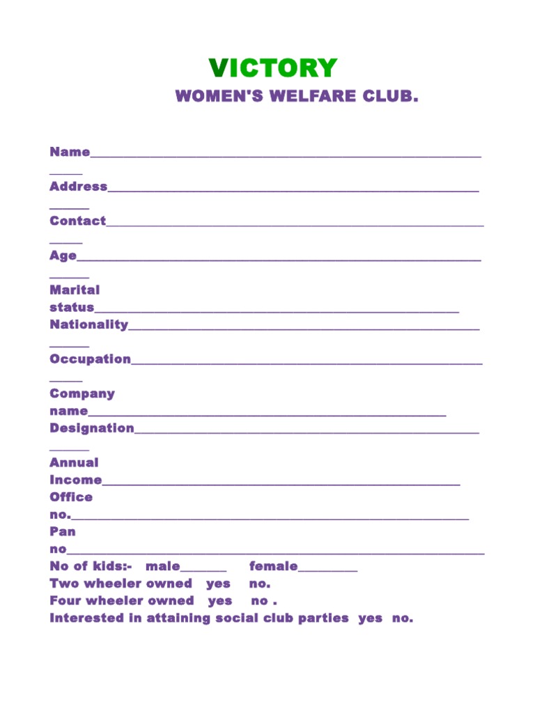 Women's Welfare Club Membership Form | PDF