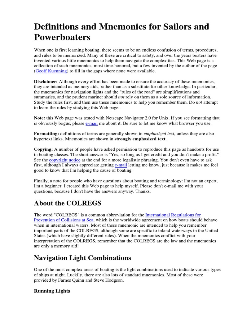 Definitions and Mnemonics For Sailors and Powerboaters | PDF | Water ...