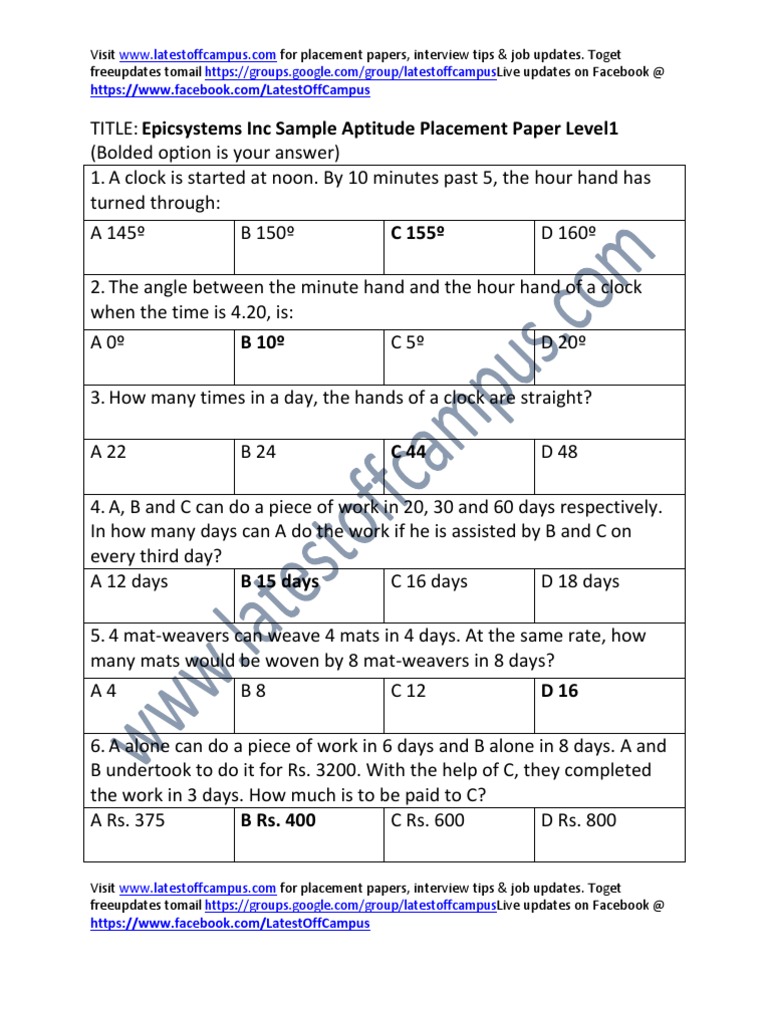 Epicsystems Inc Sample Aptitude Placement Paper Level1 | PDF | Business