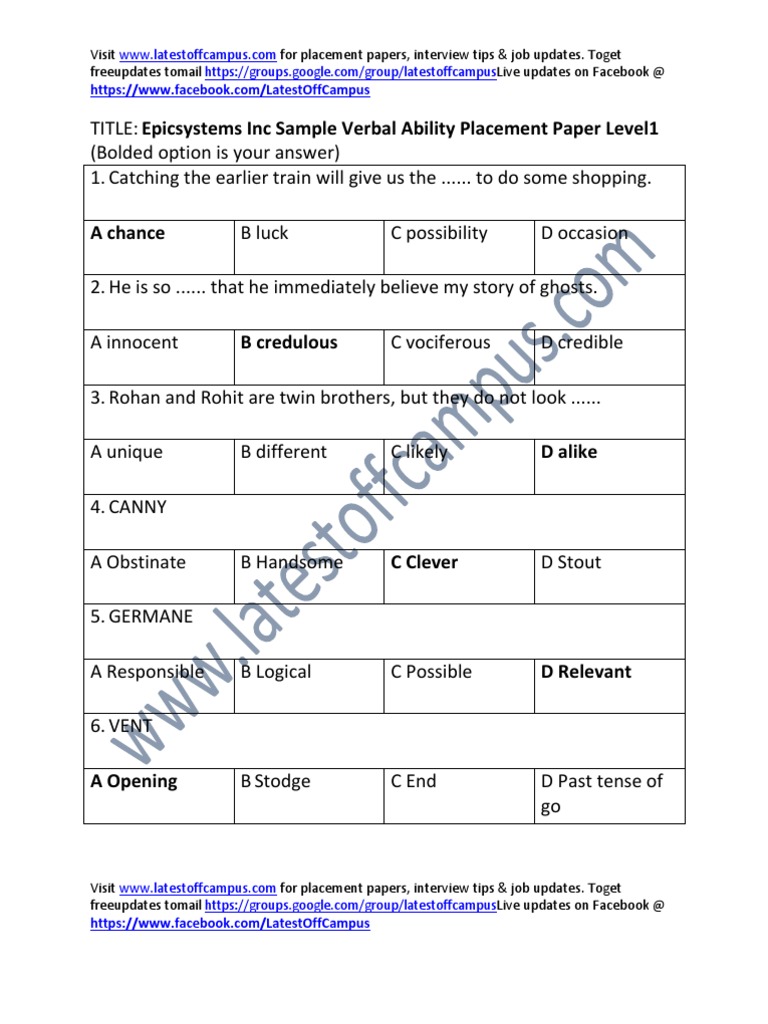 Epicsystems Inc Sample Verbal Ability Placement Paper Level1 | PDF ...