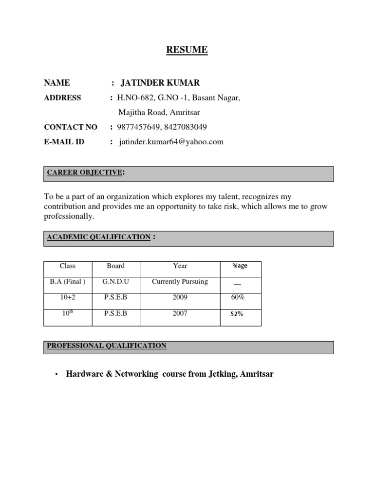 Name: Jatinder Kumar: H.NO-682, G.NO - 1, Basant Nagar,: Resume | PDF
