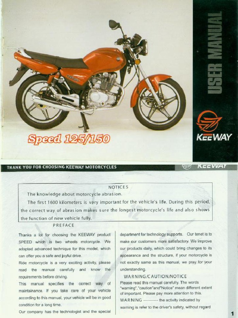 Manual Usuario Keeway Speed 125-150 CC (Idioma Ingles) | PDF