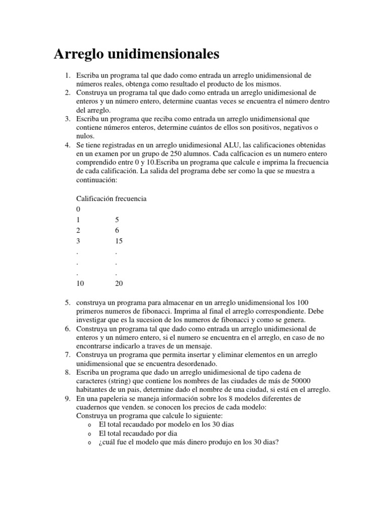 Arreglos unidimensionales: 15 ejercicios y soluciones | PDF | Entero | Números