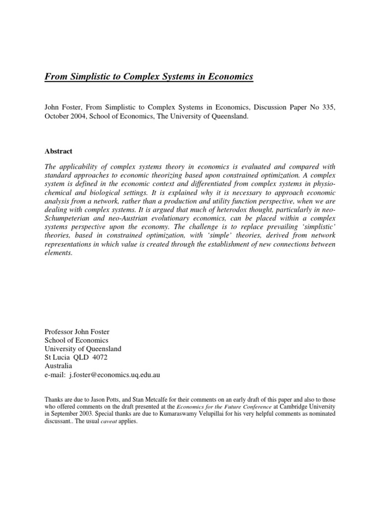 Complex Systems in Economic Theory | PDF