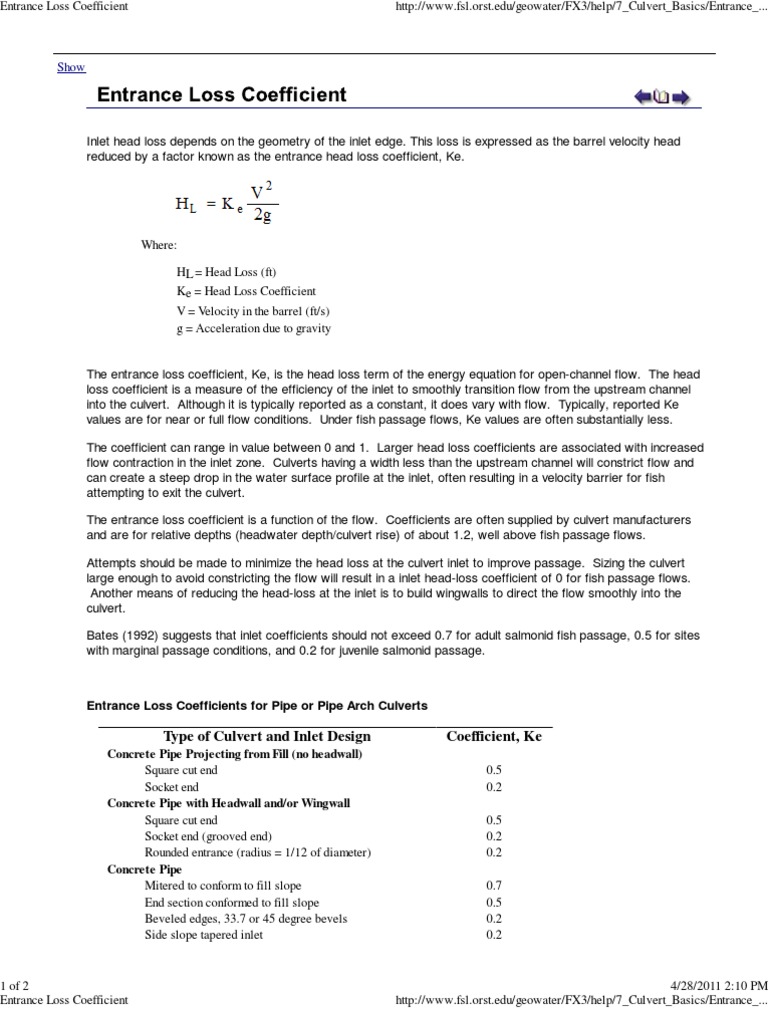 Entrance Loss Coefficient | PDF | Continuum Mechanics | Dynamics ...