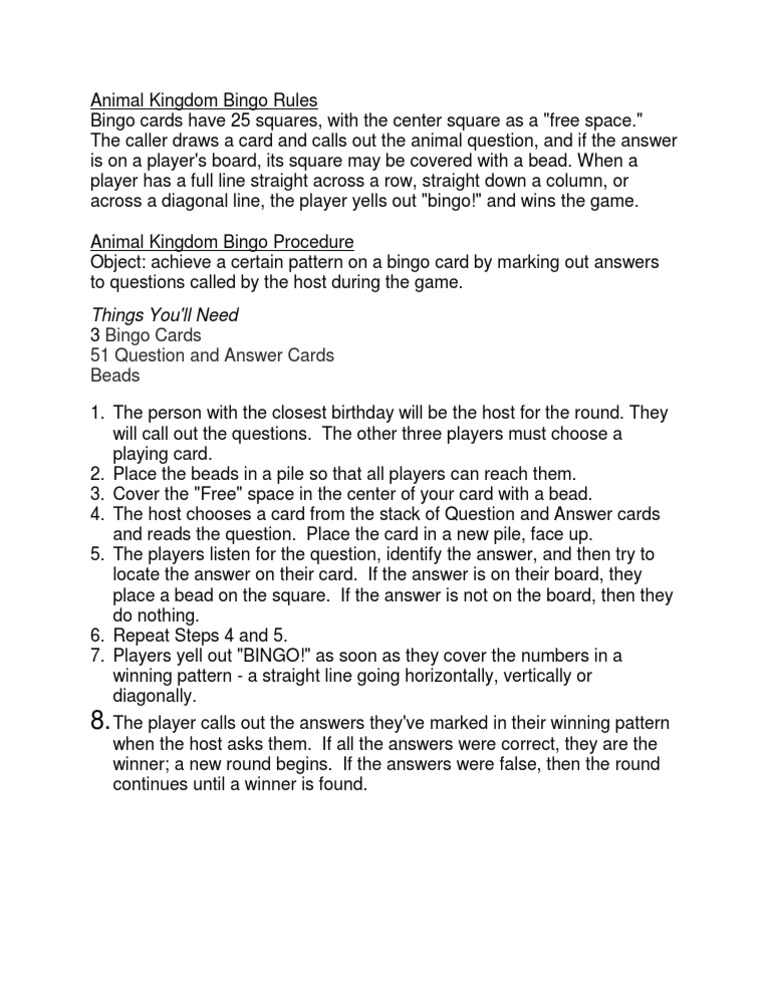 Animal Kingdom Bingo Rules | PDF
