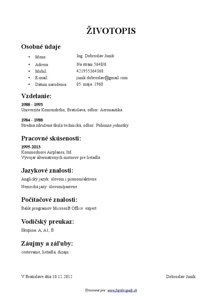 Vzor Životopisu | PDF