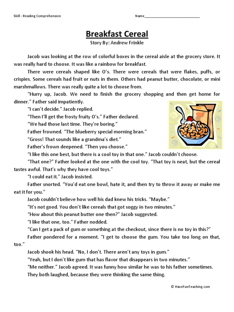 Breakfast Cereal Third Grade Reading Comprehension Worksheet | PDF ...