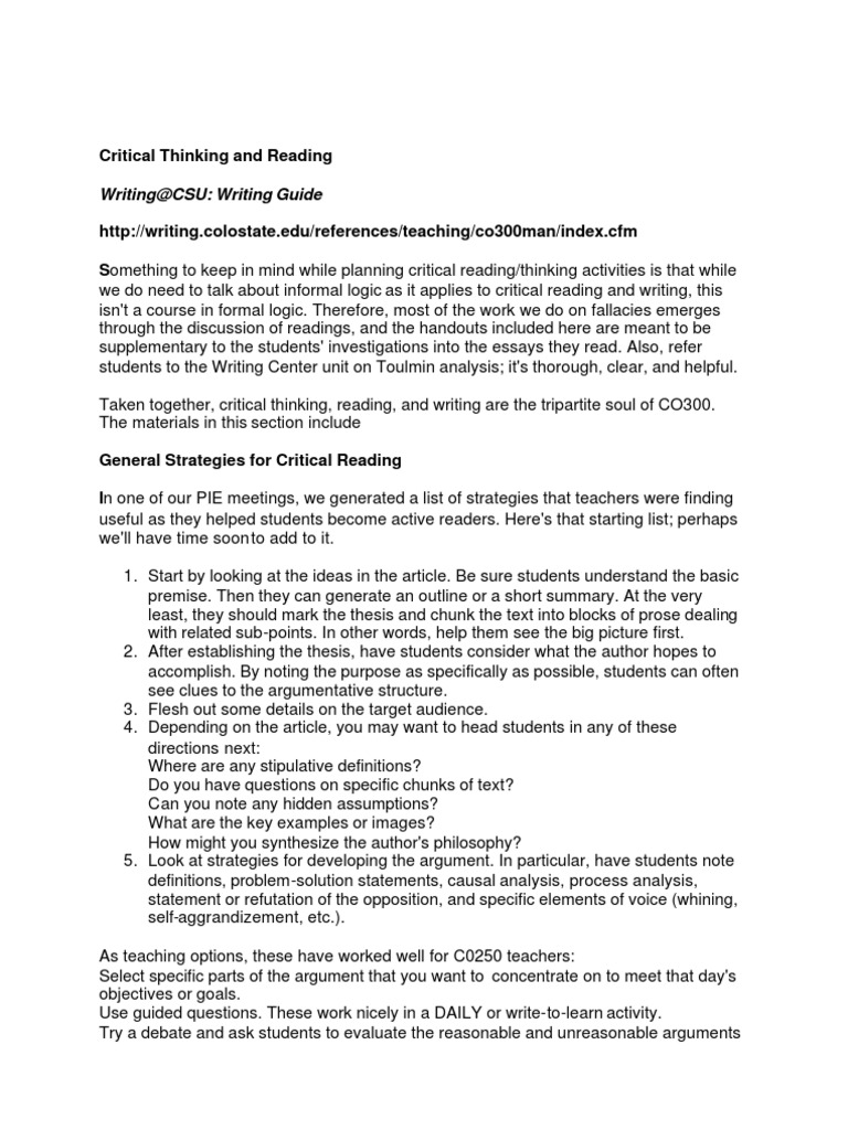 Critical Thinkingand Reading | PDF | Essays | Critical Thinking