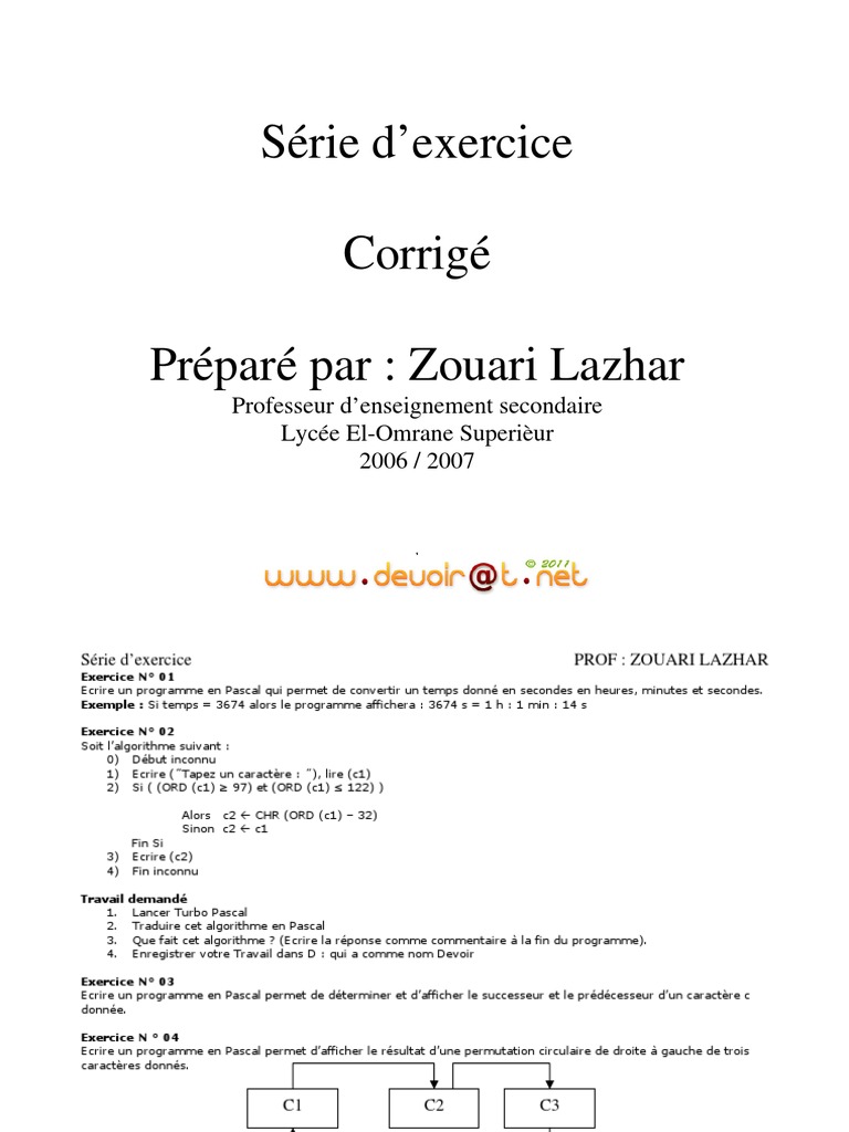 Série D'exercices N°1 (Corrigés) - Informatique Exercices de Programmation - 3ème Informatique ...