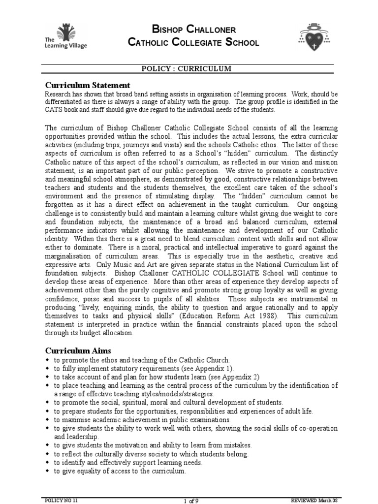 B C C C S: Curriculum Statement | PDF | Curriculum | Teachers