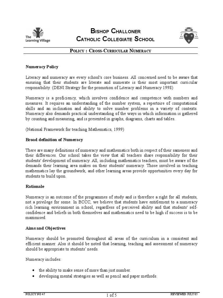 Bishop Challoner Numeracy Policy | PDF | Teachers | Literacy