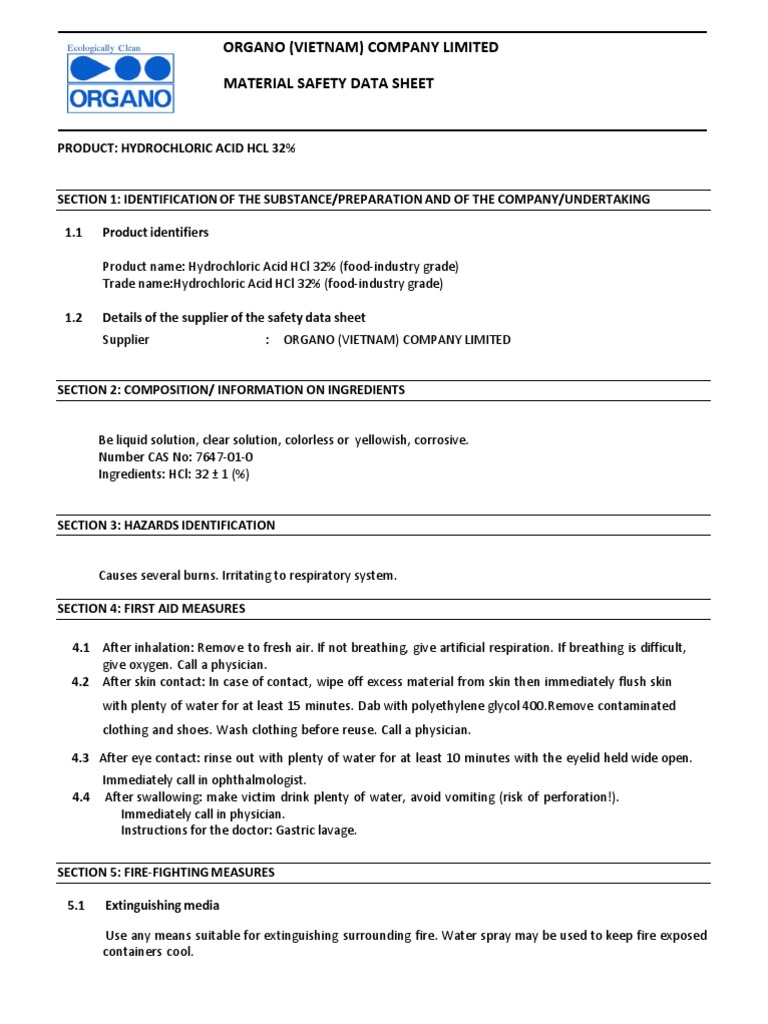 HCl 32 | Hydrochloric Acid | Personal Protective Equipment