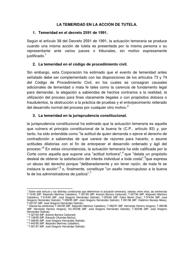 La Temeridad en La Acción de Tutela | PDF | Caso de ley | Derecho ...