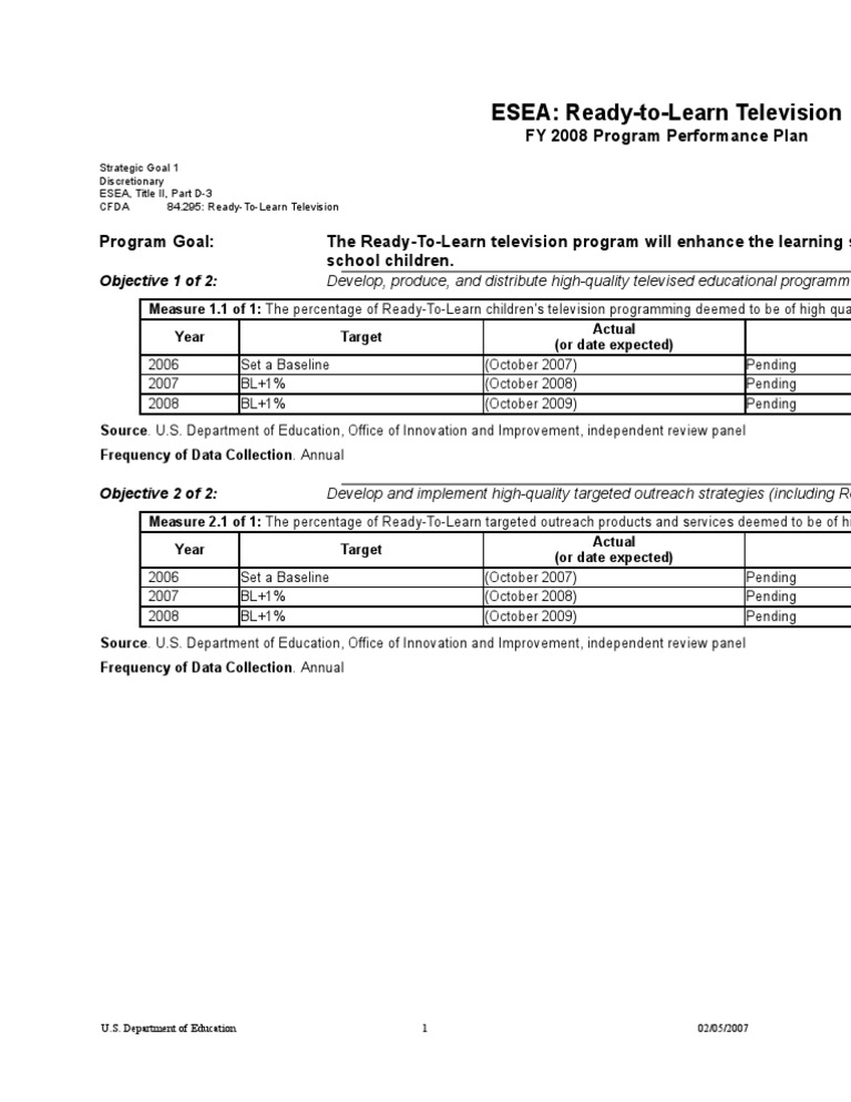 ESEA Ready-To-Learn TV Performance Plan | PDF
