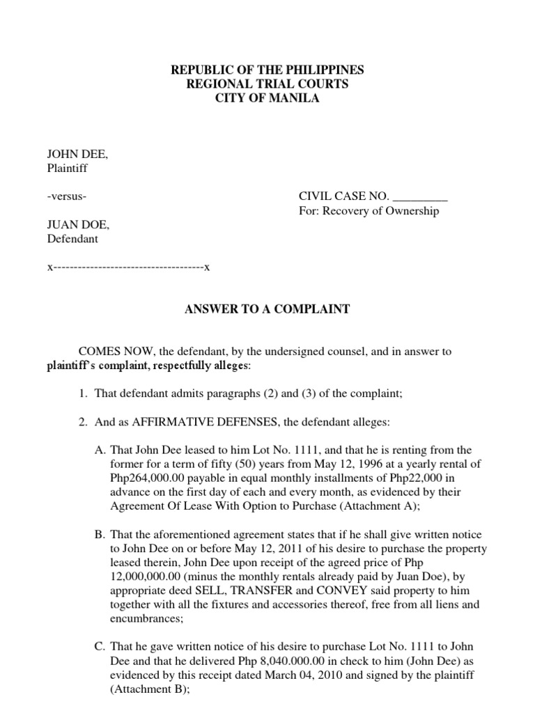 Answer To A Complaint (Civil Case) | Download Free PDF | Lease | Lawsuit