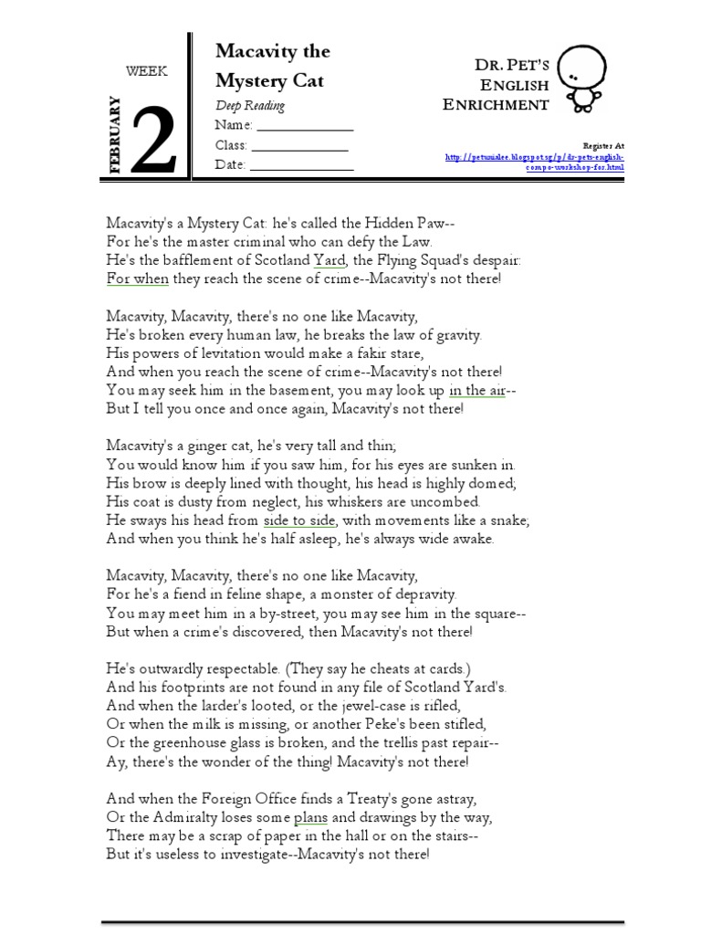 Macavity The Mystery Cat (Deep Reading) | PDF