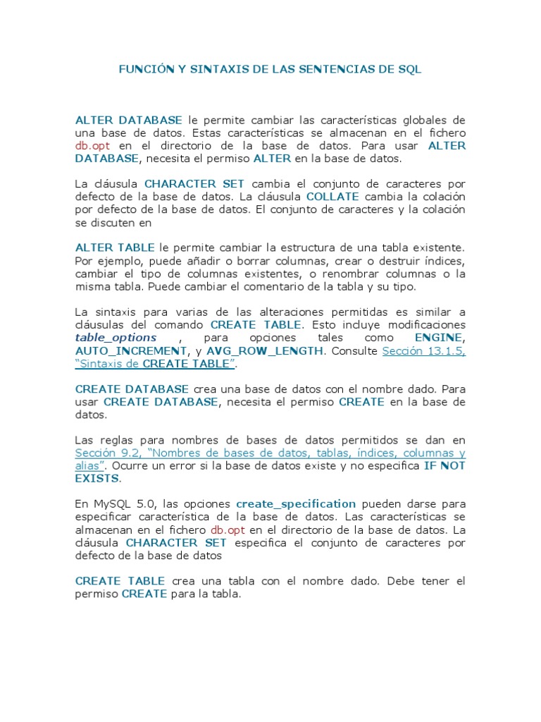 Función y Sintaxis de Las Sentencias de SQL | PDF | SQL | Tabla (base de datos)