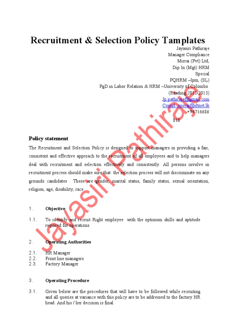 Recruitment & Selection Policy | PDF | Recruitment | Employment