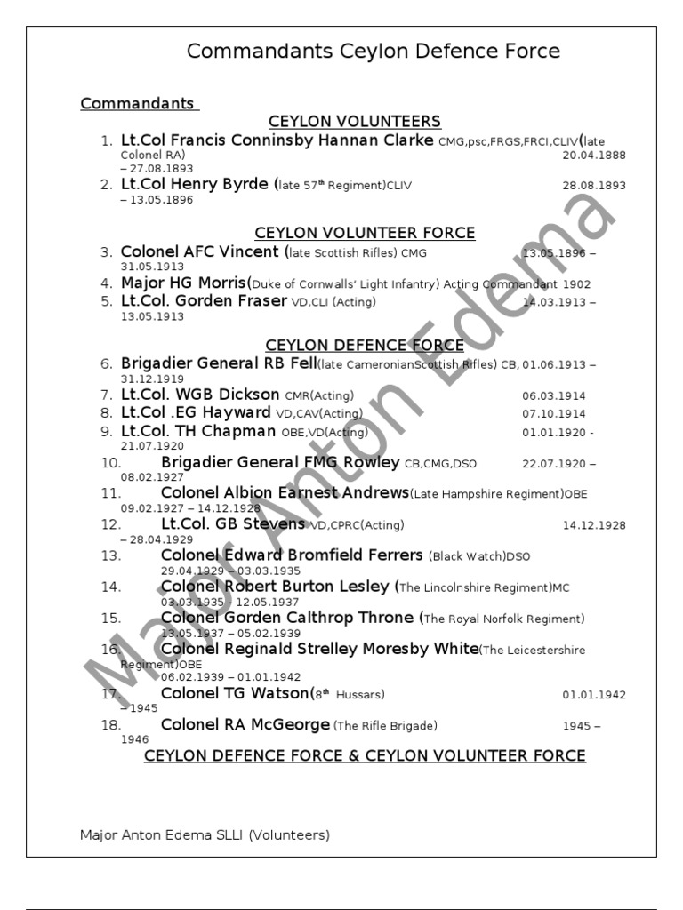 Ceylon Defence Force Commandants List | PDF | Colonel | Military Of The ...