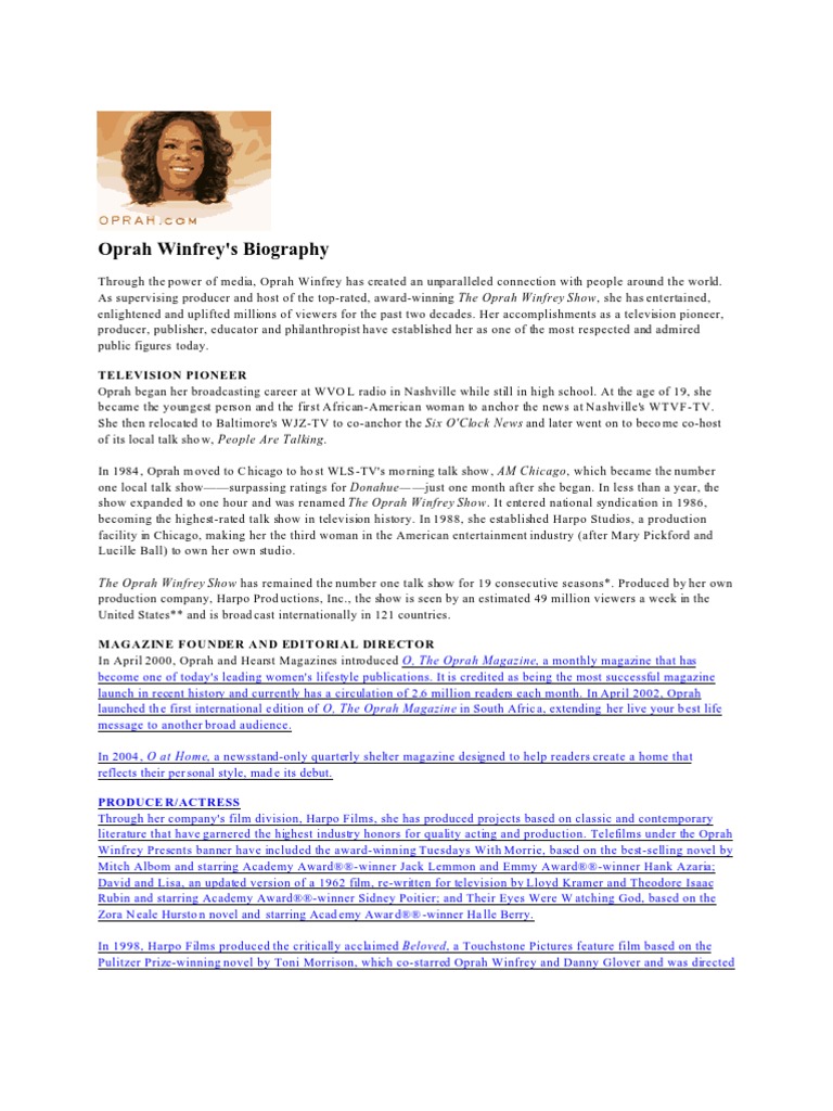 Oprah Winfrey's Biography: Television Pioneer | PDF | Oprah Winfrey ...