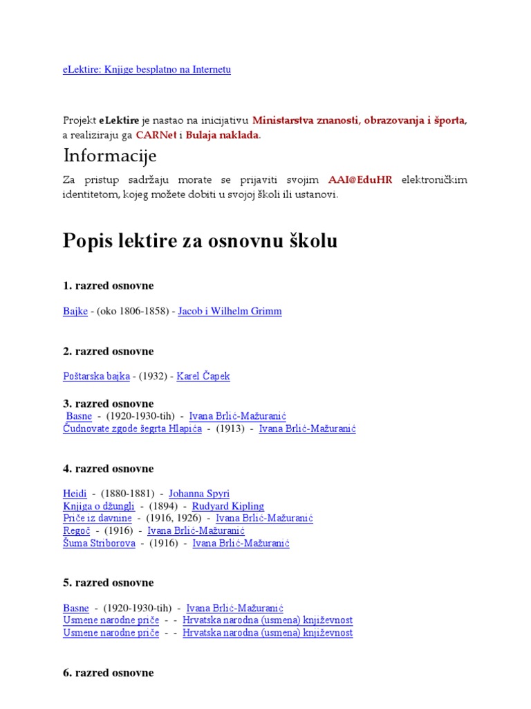 Popis Lektire Za Osnovnu Školu | PDF