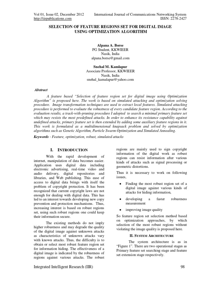 Selection of Feature Regions Set For Digital Image Using Optimization Algorithm | PDF | Genetic ...