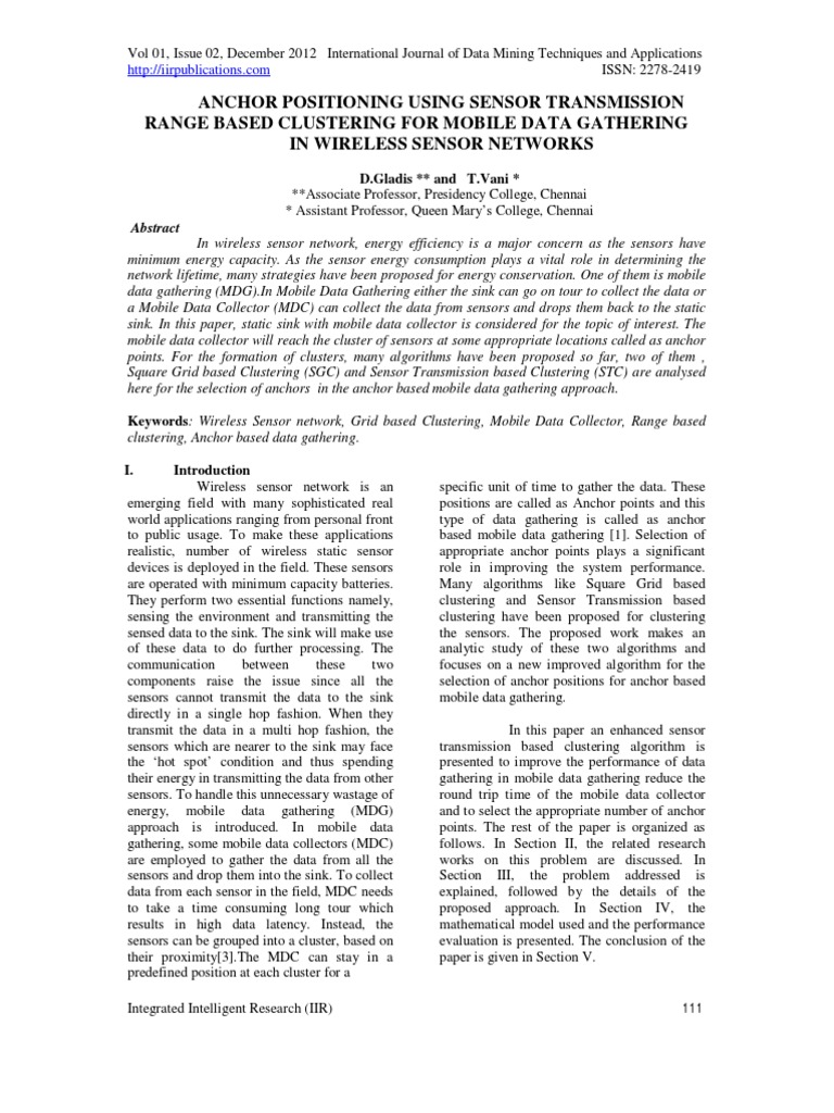 Anchor Positioning Using Sensor Transmission Range Based Clustering For Mobile Data Gathering in ...