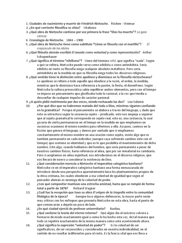 Preguntas sobre Nietzsche y su filosofía | PDF | Friedrich Nietzsche ...
