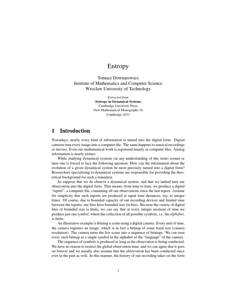Entropy: Tomasz Downarowicz Institute of Mathematics and Computer ...