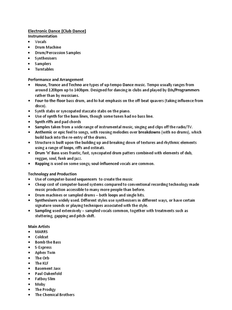 Club Dance Handout | PDF | Dance Music | Contemporary Music