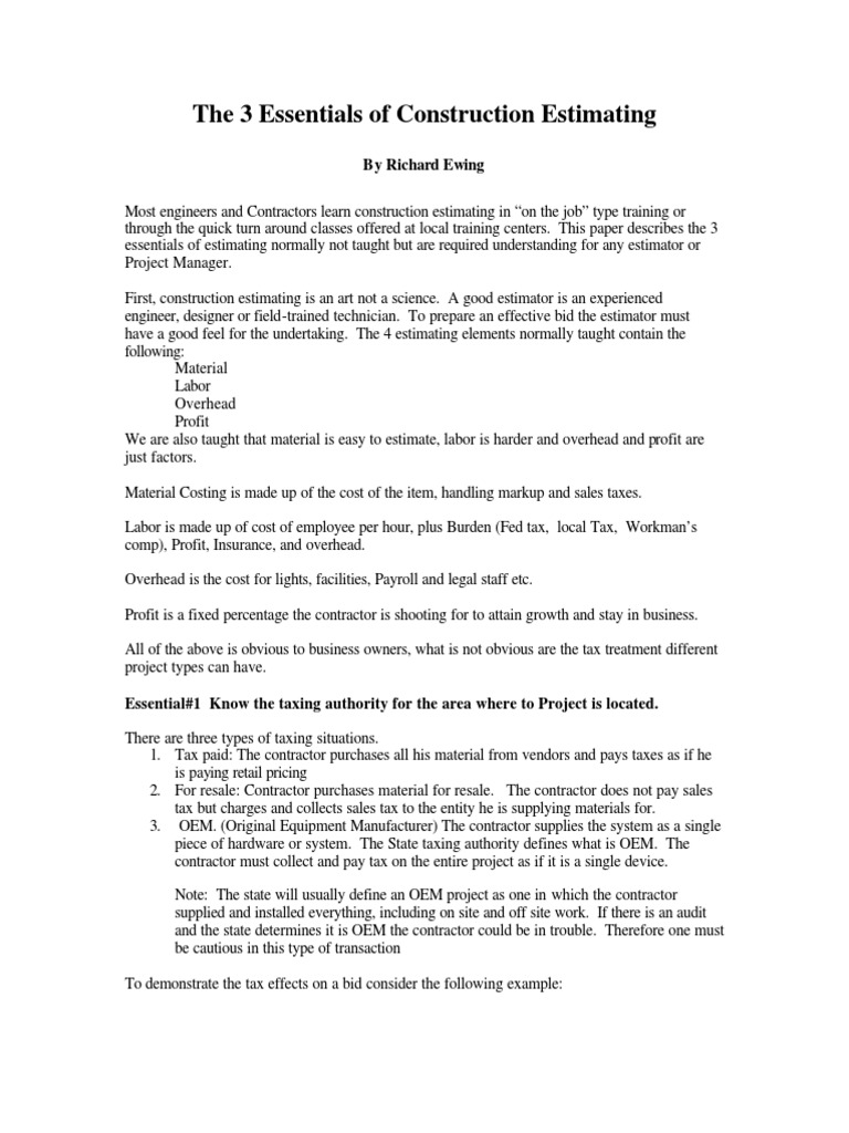 The 3 Essentials Of Construction Estimating Pdf Profit Accounting