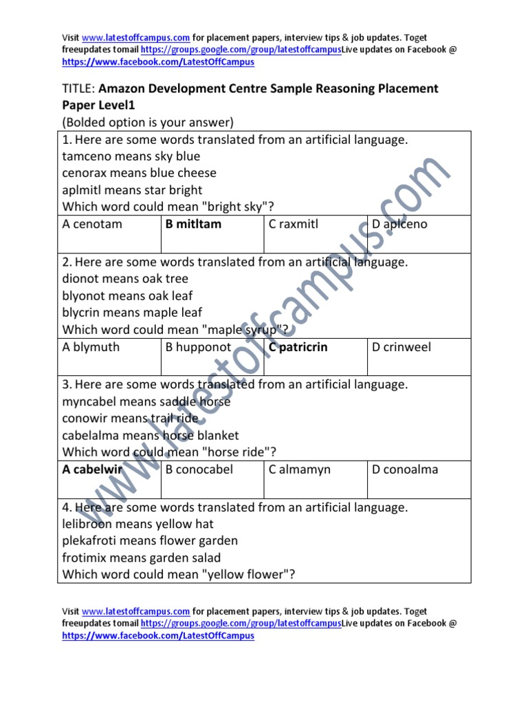Amazon Development Centre Sample Reasoning Placement Paper Level1 Pdf Plants Horticulture 