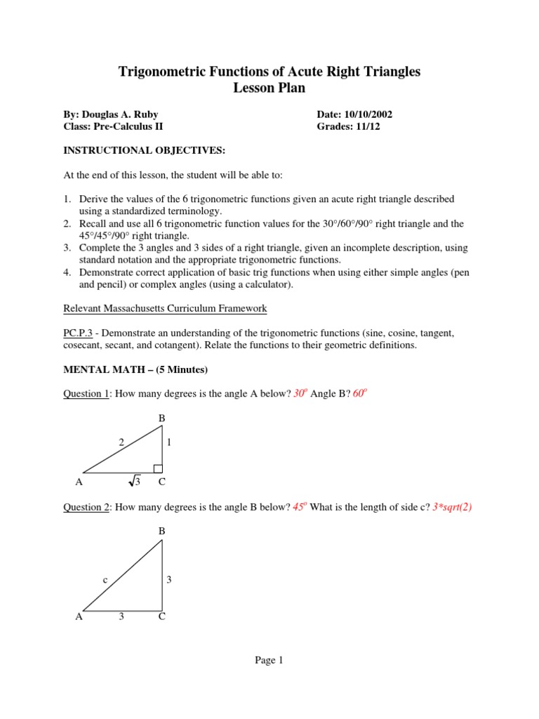 Trigonometric Functions of Acute Right Triangles Lesson Plan | PDF ...