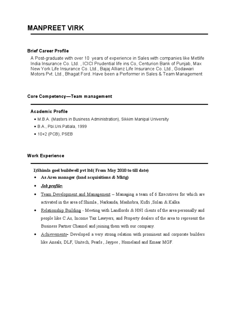 Manpreet Virk: Brief Career Profile | PDF | Insurance | Service Industries