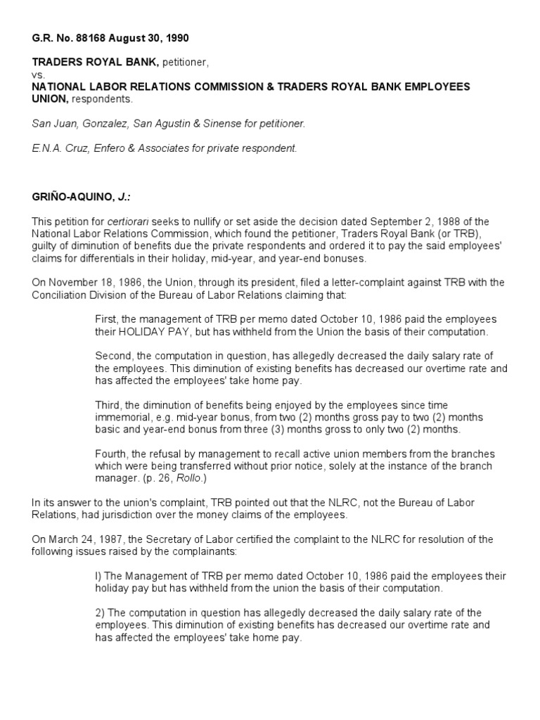 Traders Royal Bank v. NLRC | Collective Agreement | Employment