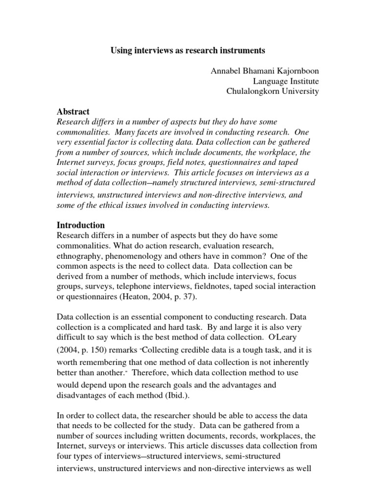 using interviews as research instruments | Interview | Question
