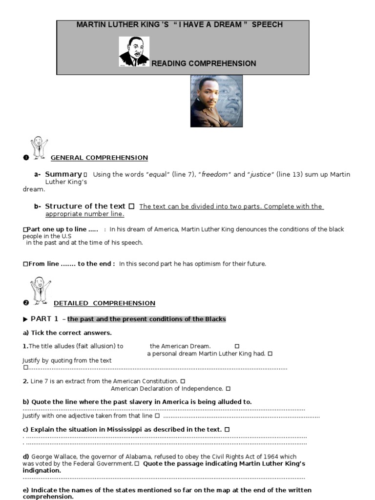 I Have A Dream READING Worksheet | PDF | Martin Luther King Jr ...