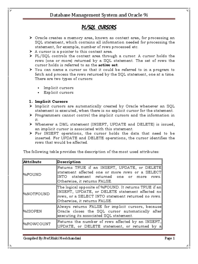 PL/SQL Cursors: Database Management System and Oracle 9i | PDF | Pl/Sql | Sql
