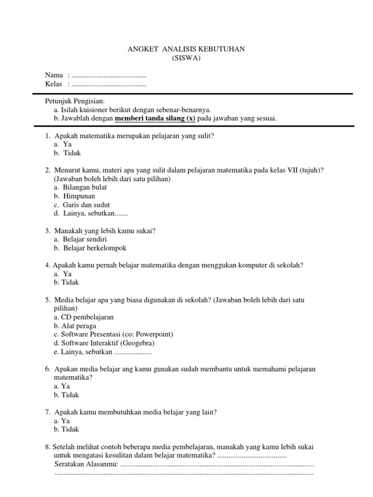 Angket Analisis Kebutuhan | PDF | Karier & Perkembangan | Game & Aktivitas